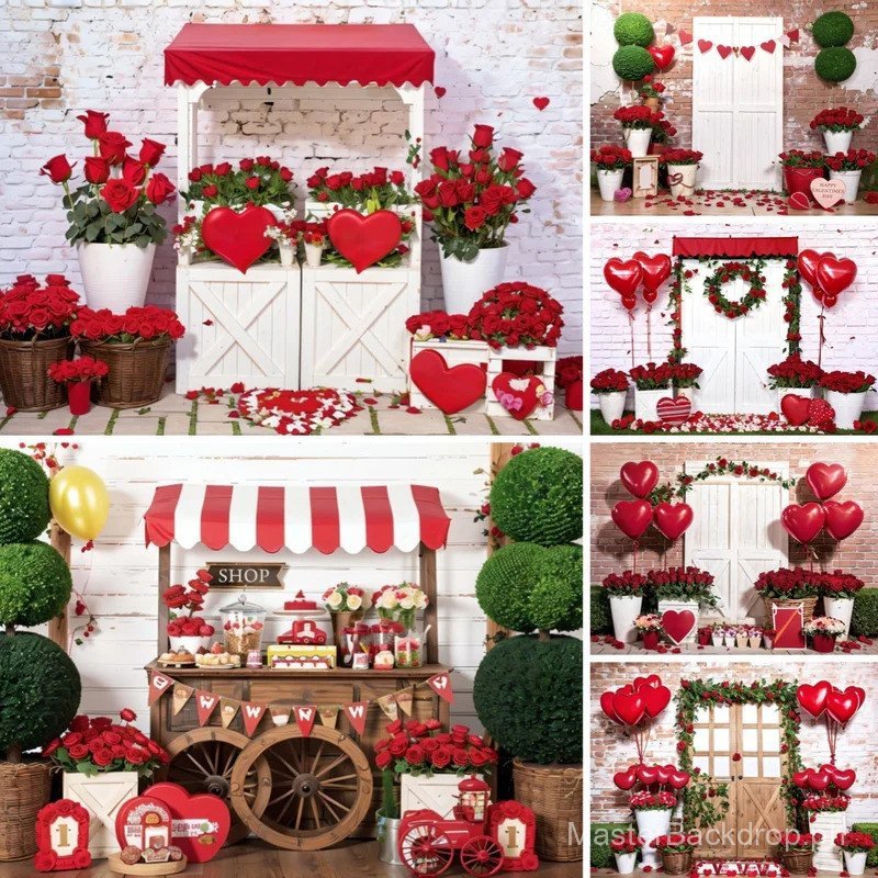 Vintage Valentine Backdrop Red Roses Heart Decor With Wooden Cart ...