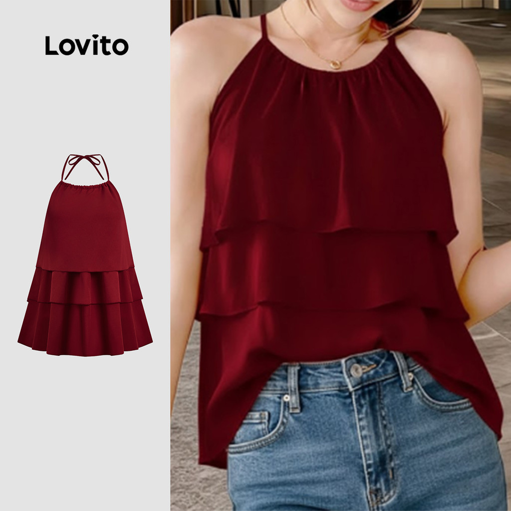 Lovito Women Party Top Red Ruffle Spring/summer Claret Top L171ED490 ...
