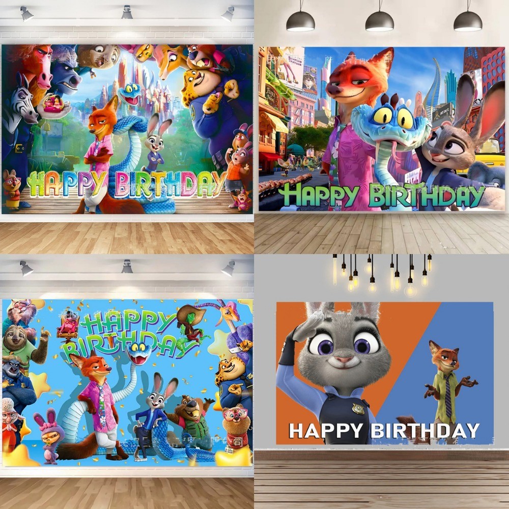 Zootopia Birthday Backdrop Judy Nick Party Decoration kids Baby Shower ...