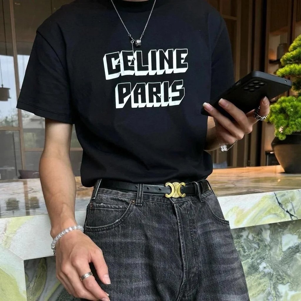 Cel1ne/Celine 2024ss New Cracked Letter Print Round Neck Short Sleeve ...