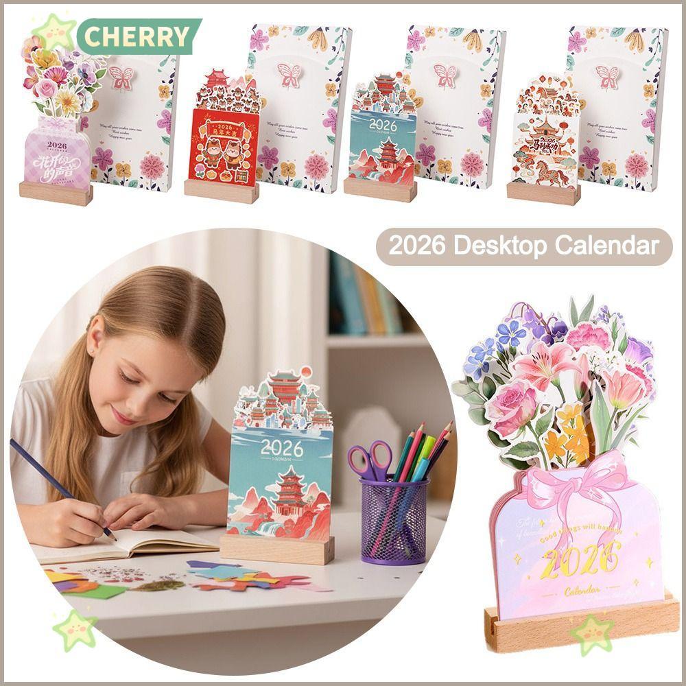 CHERRY 2026 Desktop Calendar, Vase Shaped Floral Theme Bloomy Flowers ...