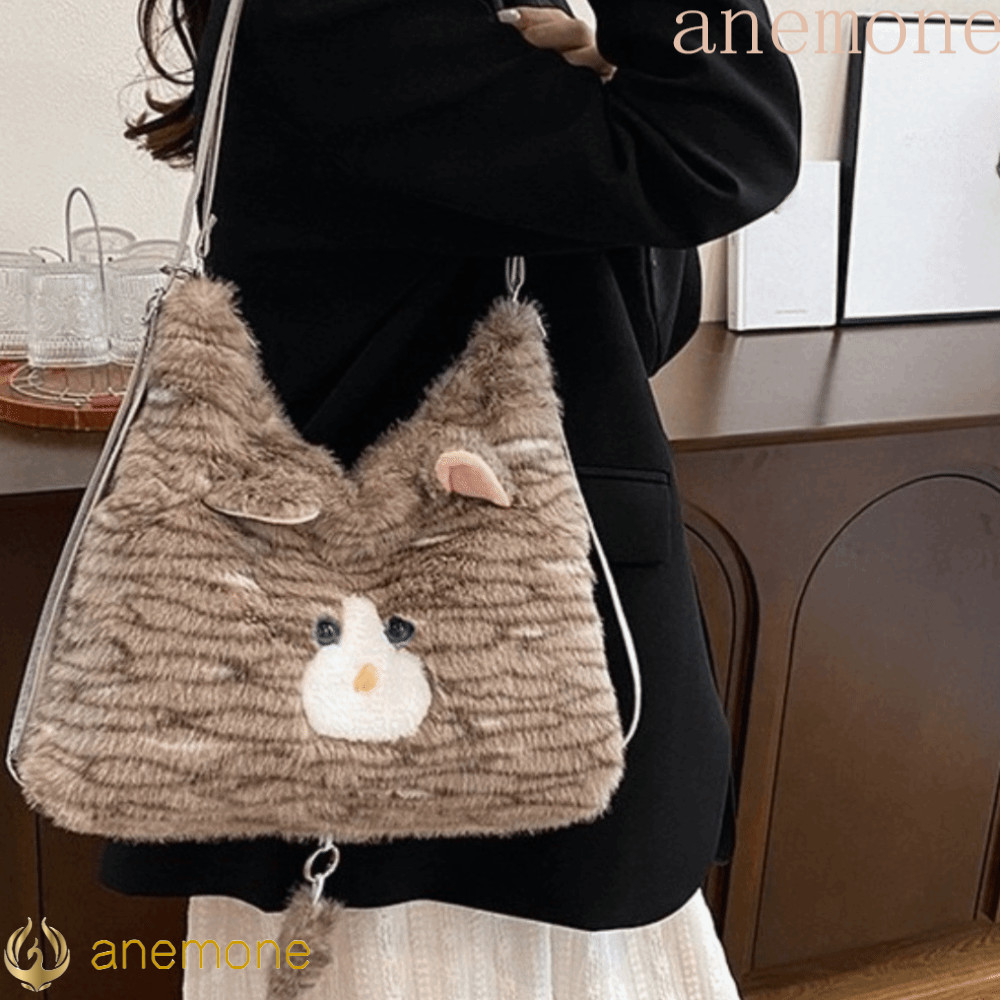 ANEMONE Cat Plush Backpack, Animal Zipper Furry School Bag, Portable ...