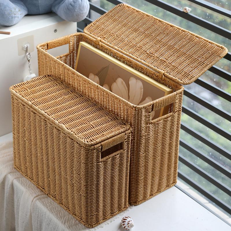 Narrow Tall Storage Box with Lid - Rattan Look Magazine Basket for ...