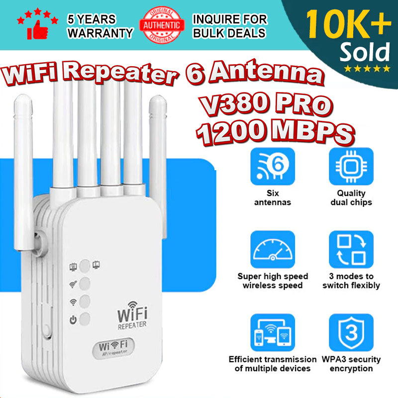 V380 PRO 1200Mbps 6 Antennas WiFi Repeater Wireless Internet Network ...