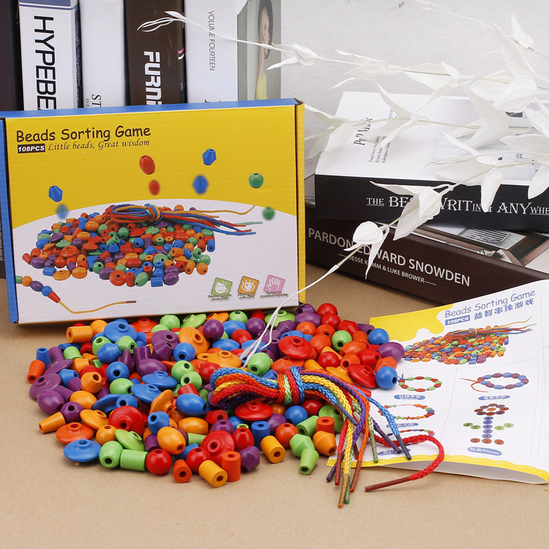 Wooden Rainbow Beaded Educational Wooden Large Particle Threading Beads ...