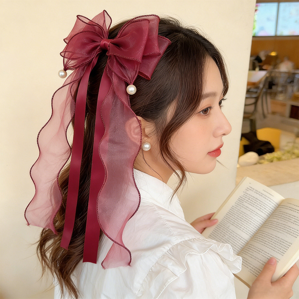 Long Bow Pearl Hair Clip Big Ribbon Hair Pin Elegant Hair Bows Fashion ...