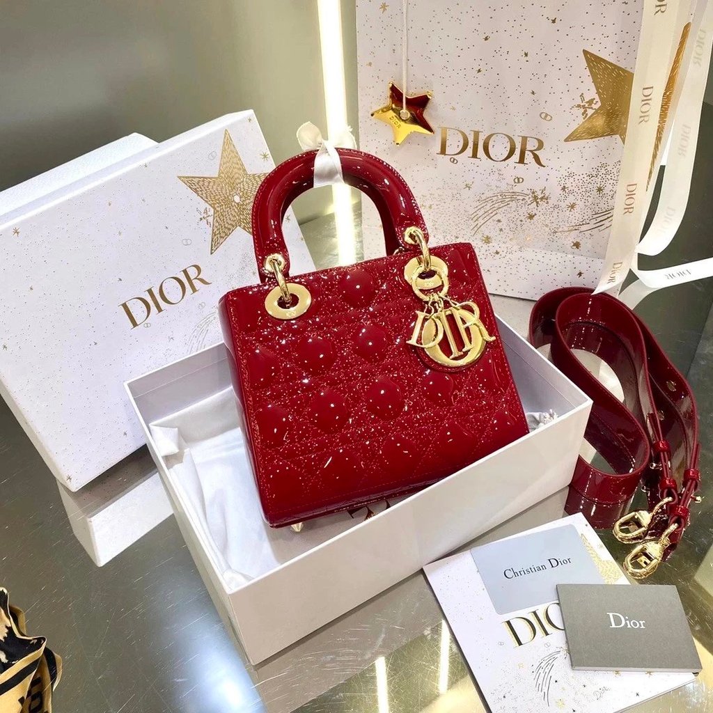 New Style Patent Leather Four-Grid dior lady dior Cherry Red Crossbody ...