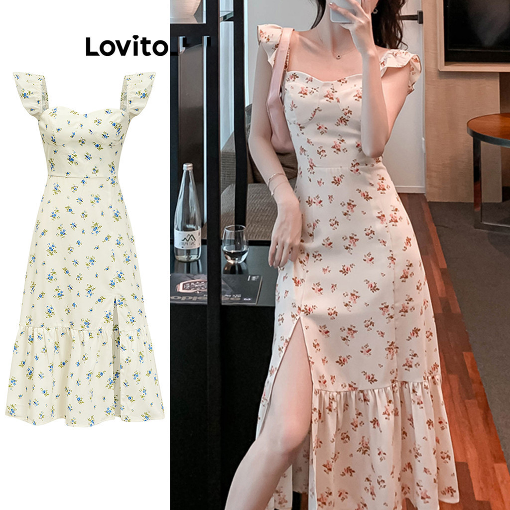 Lovito Casual Ditsy Floral Draped Halter Sleeveless A-Line Midi Dress ...