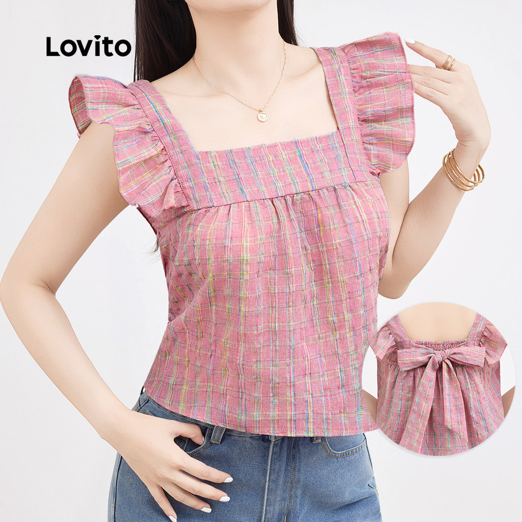 Lovito Casual Women Blouse Ruffle Draped Tie Back Smocked Bow Textured ...