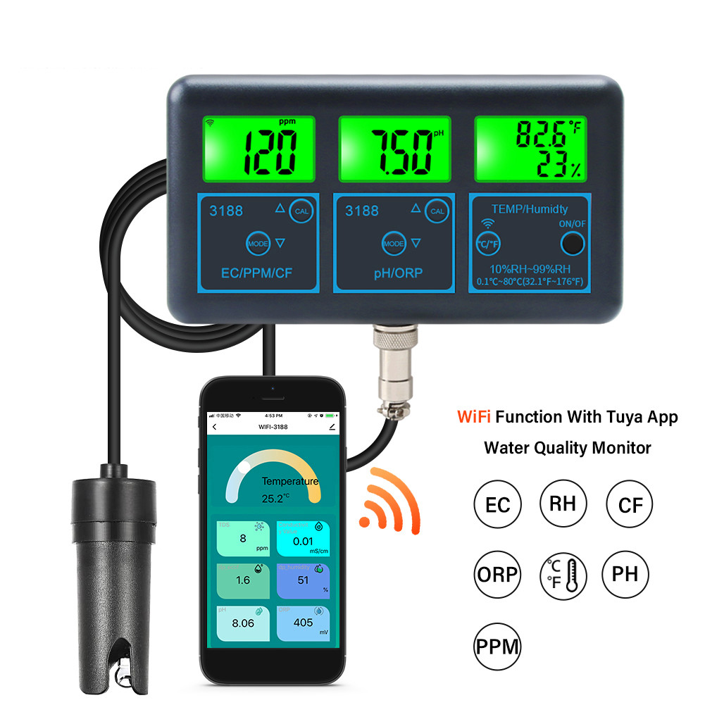 WiFi 7 in 1 Water Quality Monitor PH ORP EC PPM CFR Humidity ...