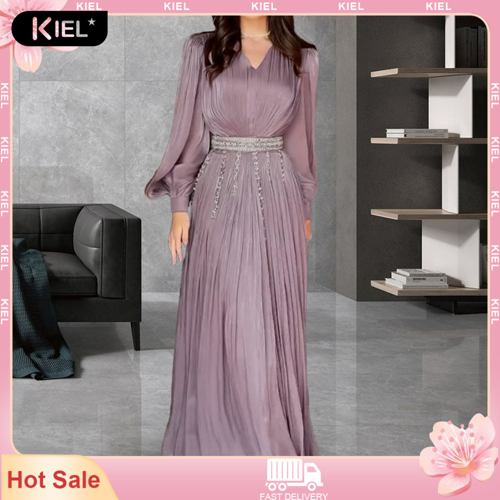 New* Puff Long Sleeve Dress Solid Color Maxi Dress Stylish V-neck Maxi ...