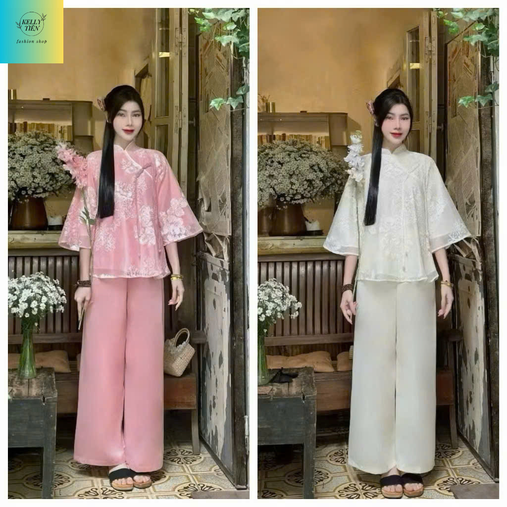 Set of 2-layer embroidered silk ao dai with wide sleeves and silk pants ...