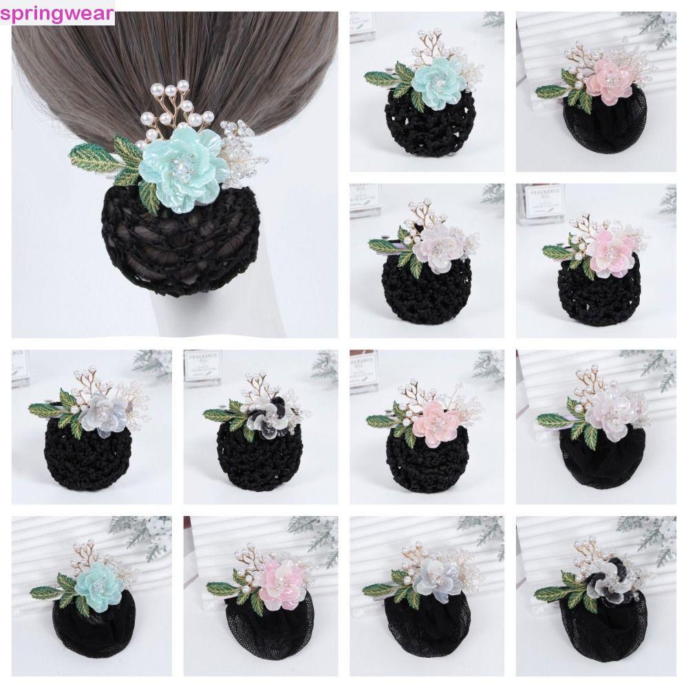 SPRINGWEAR Flower Snood Spring Clip, Korean Style Bun Snood Pearls ...