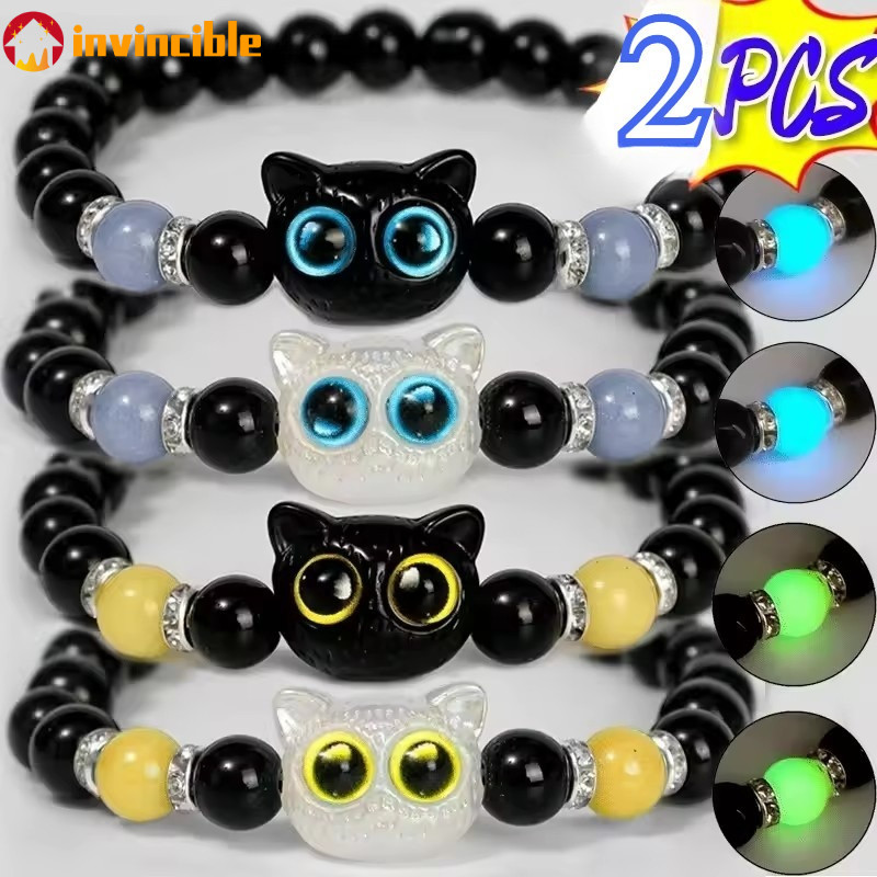 2Pcs Glow-In-The-Dark Cat Friendship Bracelets- Cute Luminous Matching ...