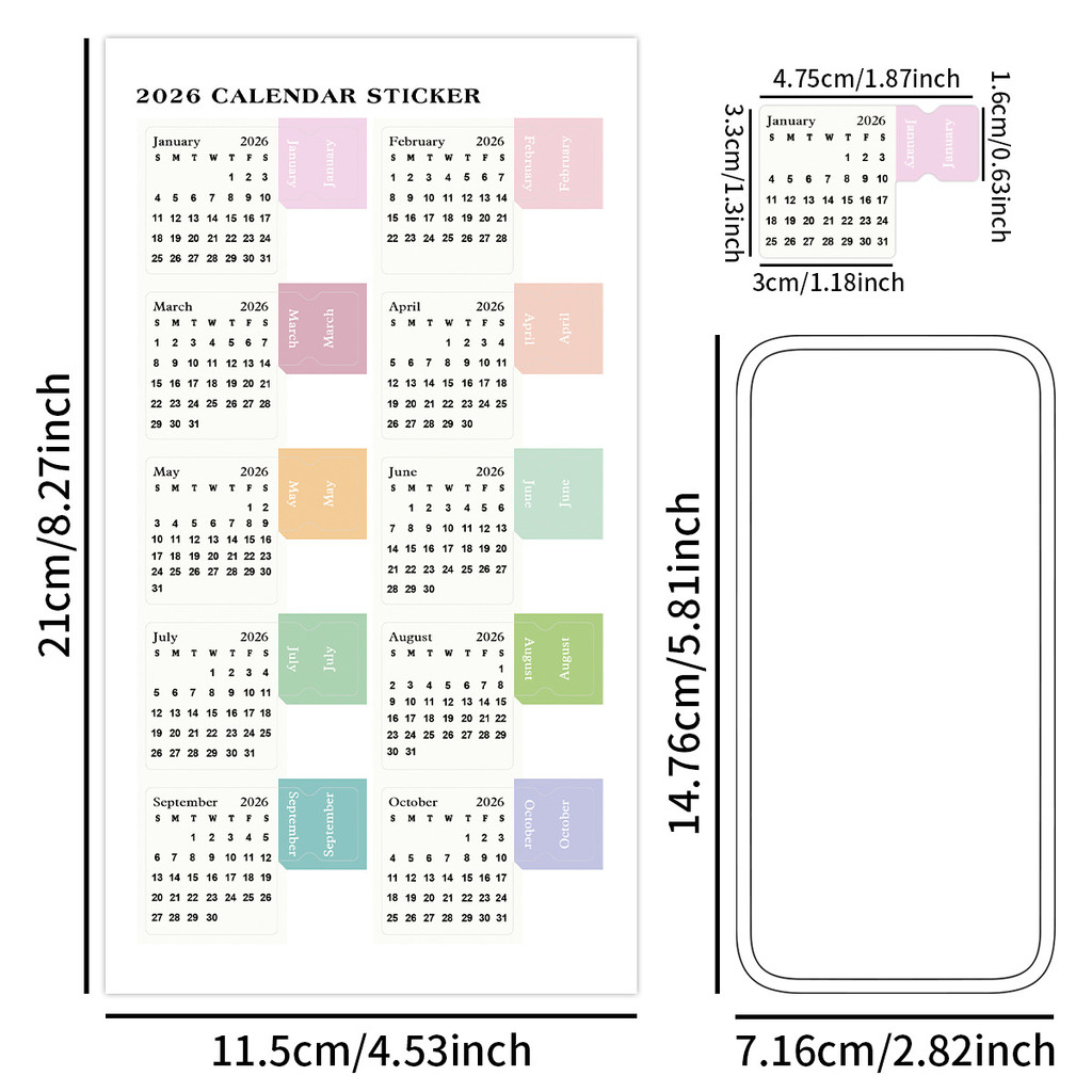 2026 Monthly Calendar Stickers - 2 Sheet Adhesive Tabs Color-coded ...