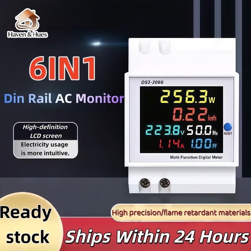 6IN1 din rail AC monitor 110V 220V Voltage Current Power Factor Active ...