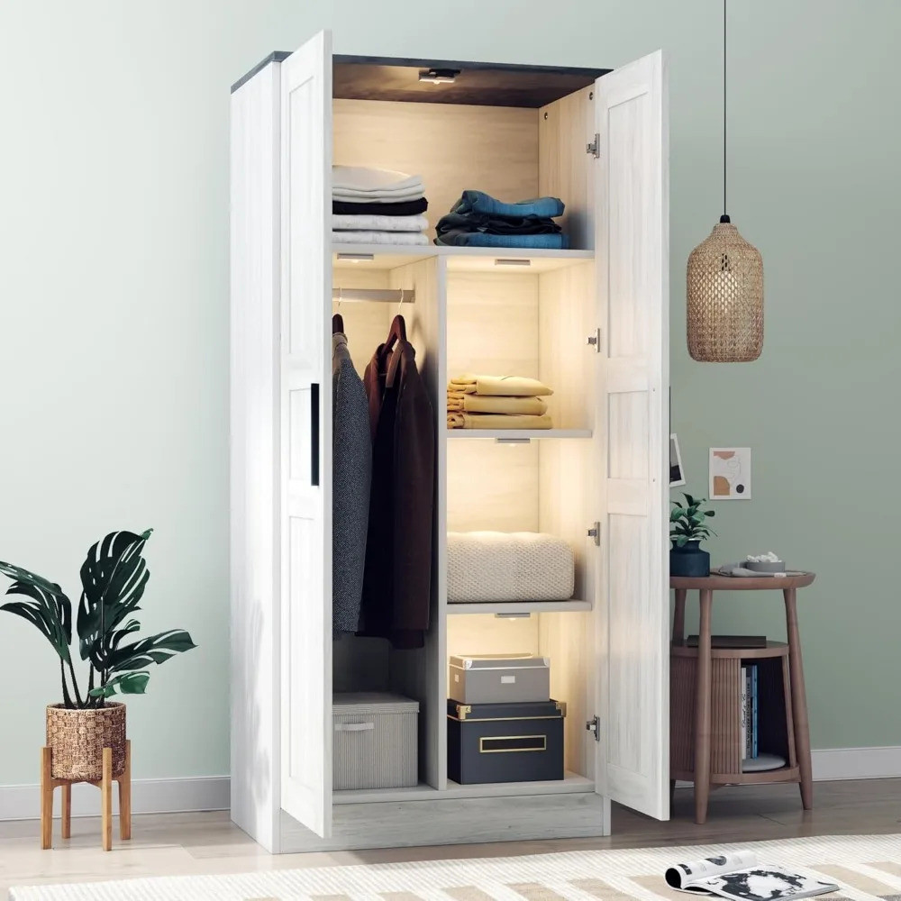 2 Doors Wardrobe Armoire Closet With Led Lights, 68.9" H Farmhouse ...