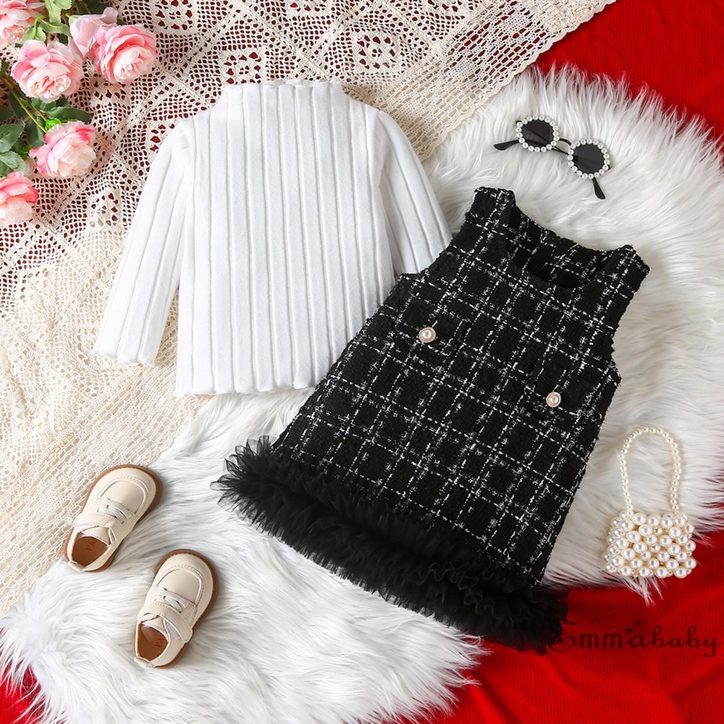 Emma-Little Girl Fall Outfit Solid Ribbed Long Sleeve Tops and Mesh ...