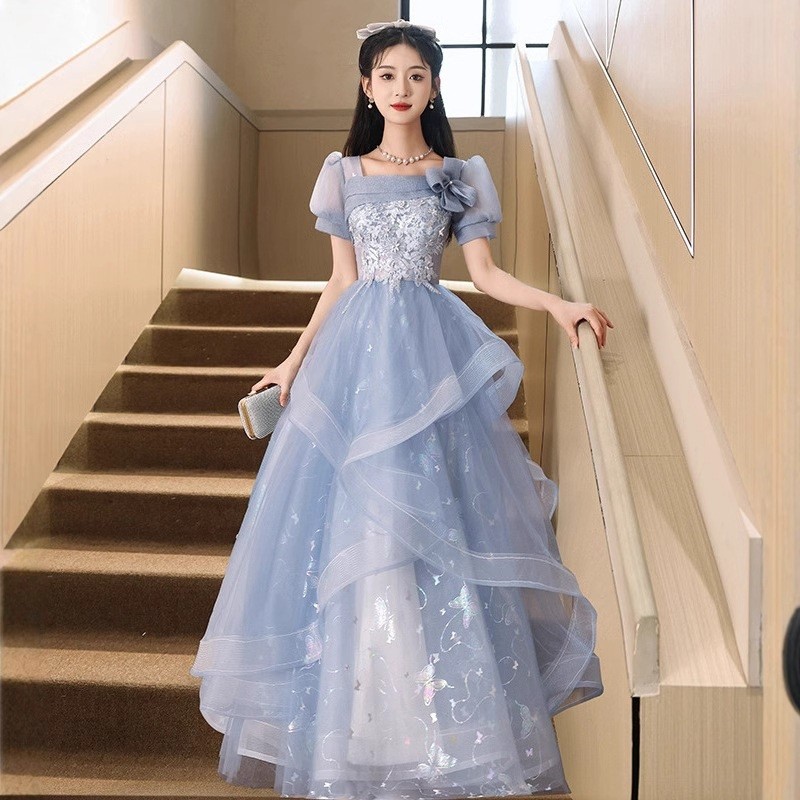 Fairy Blue Banquet Evening Dress French Style Puff Sleeve Square Neck ...