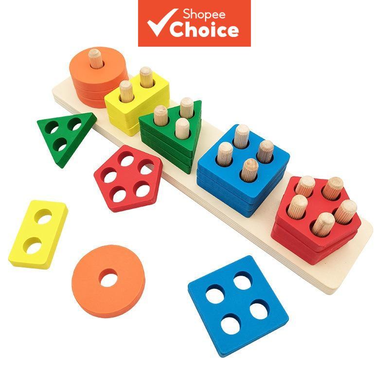 Wooden Geometric Stacking Toy - Montessori-Inspired Shape Sorting ...
