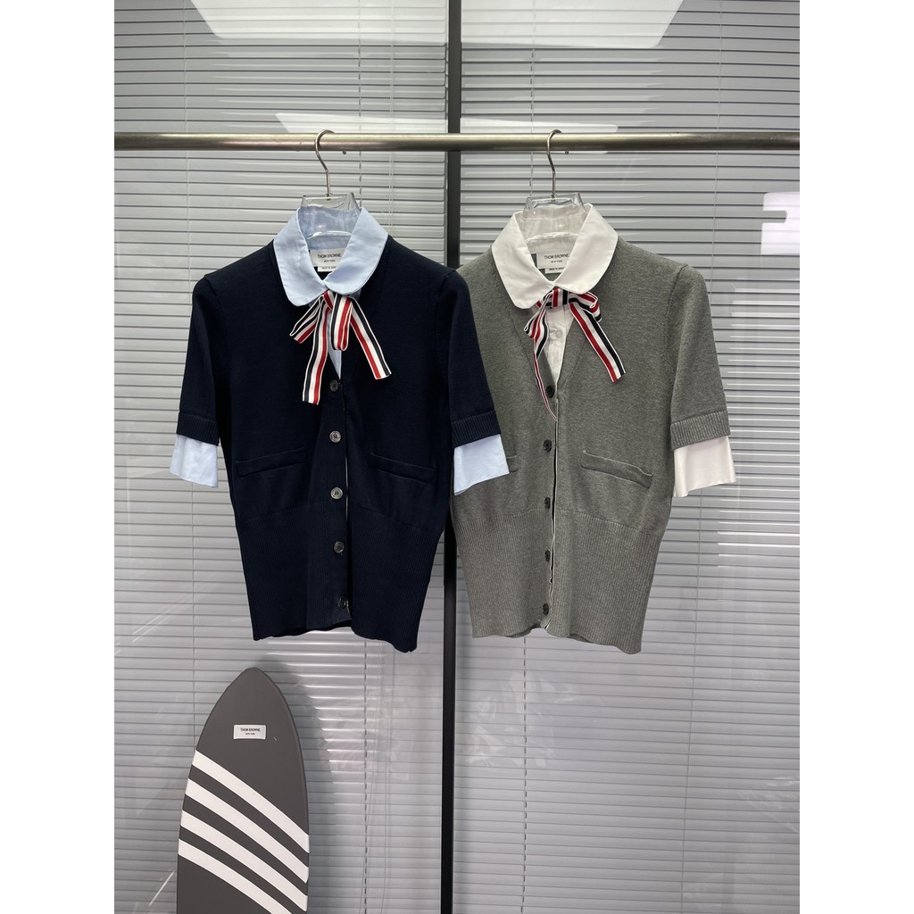 Thom Browne Women's Knitted Short Sleeve Fake Two-Piece Bow Top Summer ...