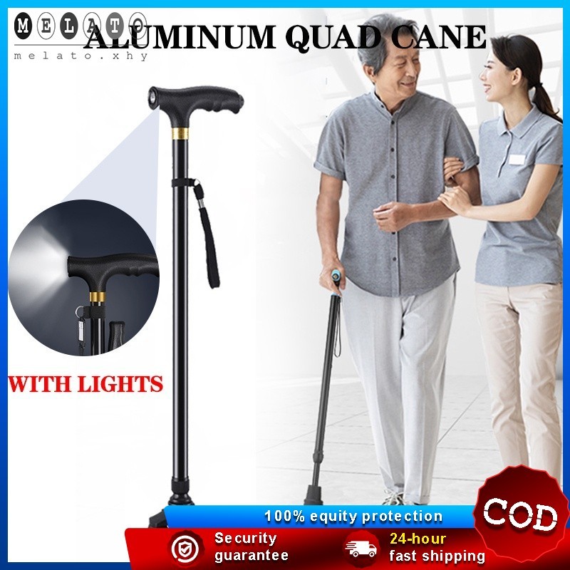 Aluminum Quad Cane Walking Cane with Led Lights Anti-skid T-handle Pole ...