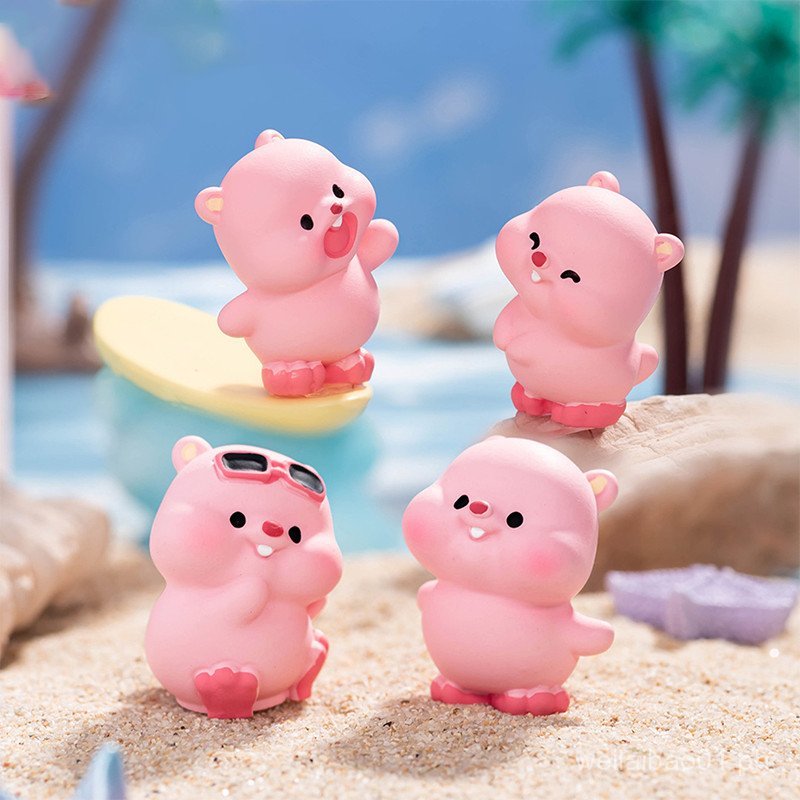 Miniature Cartoon Creative Pink Little Beaver Figurine Resin Craft Car ...