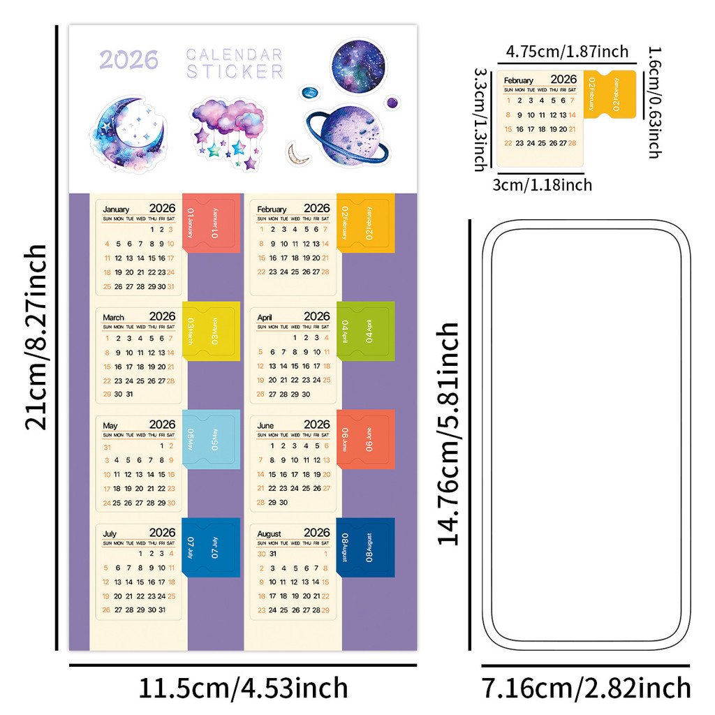 2026 Monthly Calendar Stickers - 2 Sheet Adhesive Tabs Color-coded ...