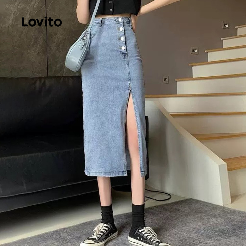 Lovito Women Casual Denim Skirts Washed Split Spring/summer Blue Denim ...