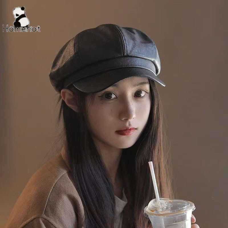 Retro Fashion Leather Beret Japanese Style Octagonal Hat Women Hat HT ...
