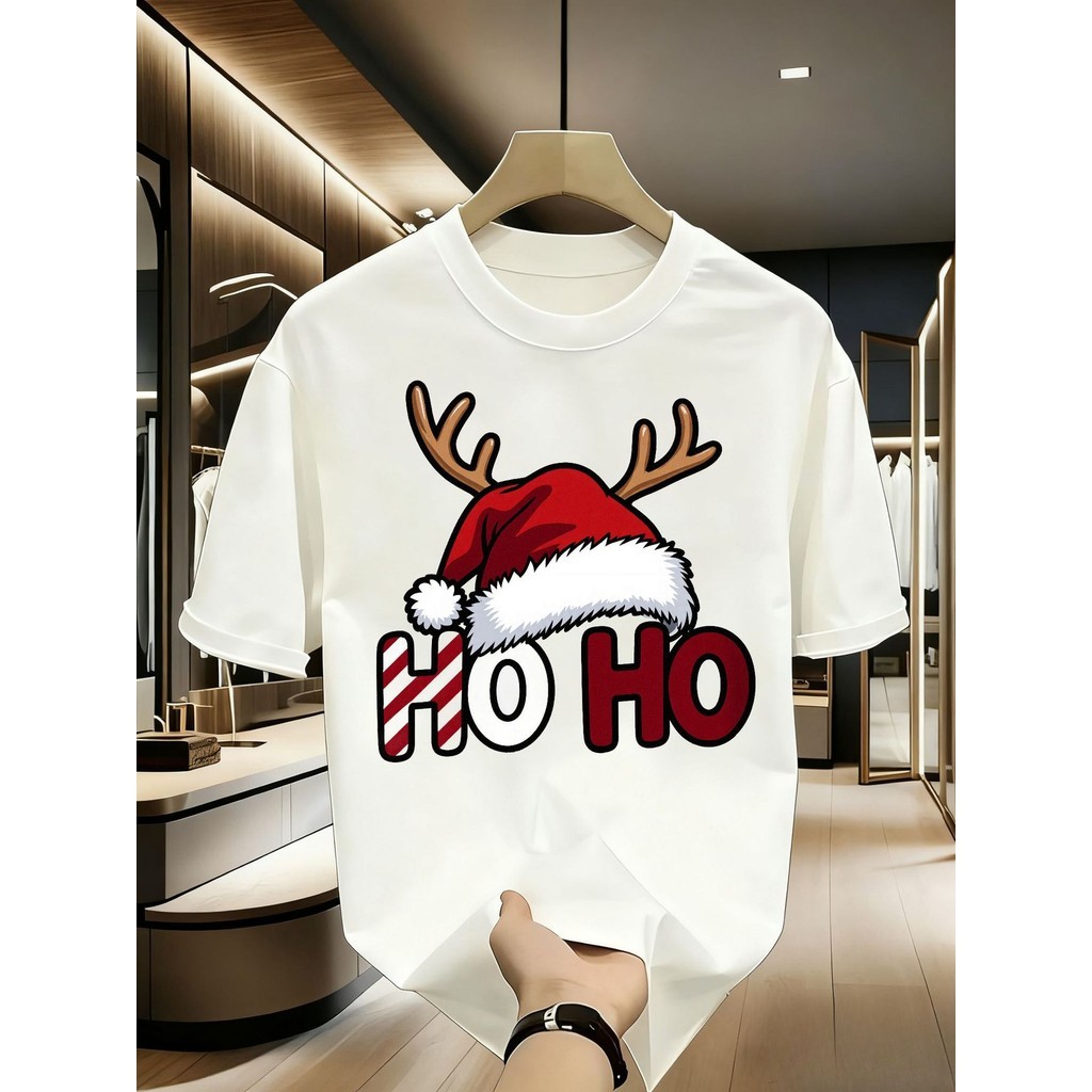 Customizable Men's Christmas Santa Hat Print T-Shirt - Ho Ho Ho Short ...