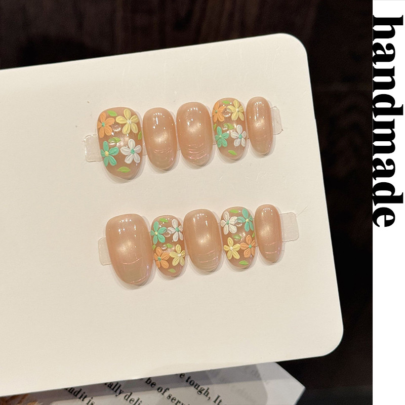 Press on nails handmade [Apricot Rhyme Flower Soft] Warm Apricot Flower ...