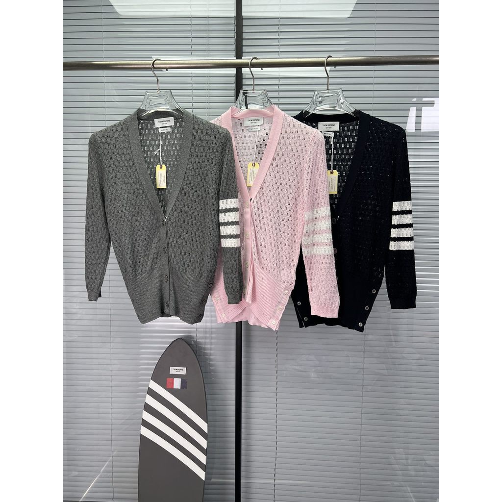 Thom Browne Women's Long Sleeve Four-Stripe V Collared Button Cardigan ...