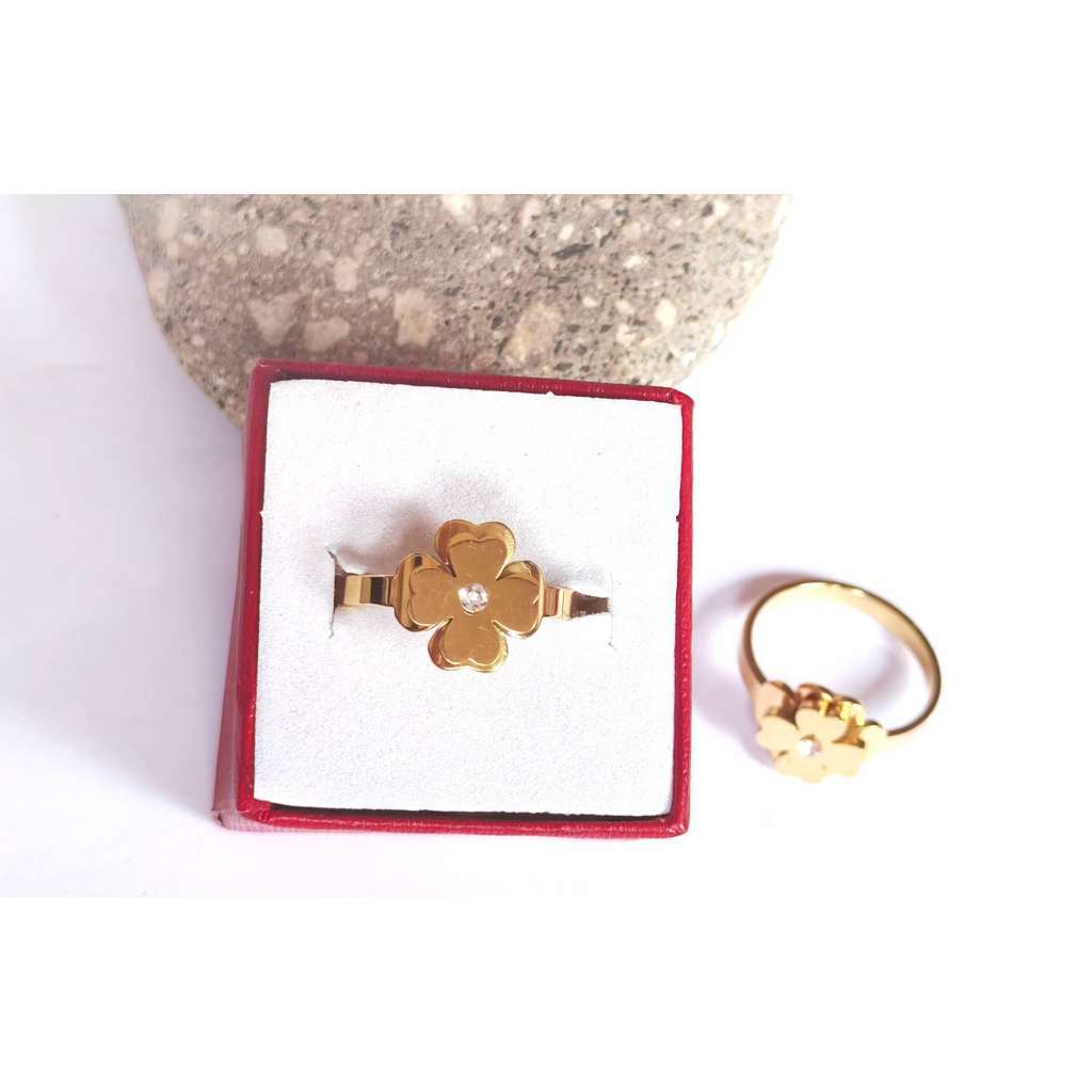 Fashionable Stainless Steel Gold Silver Four Leaf Clover Flower Ring w ...