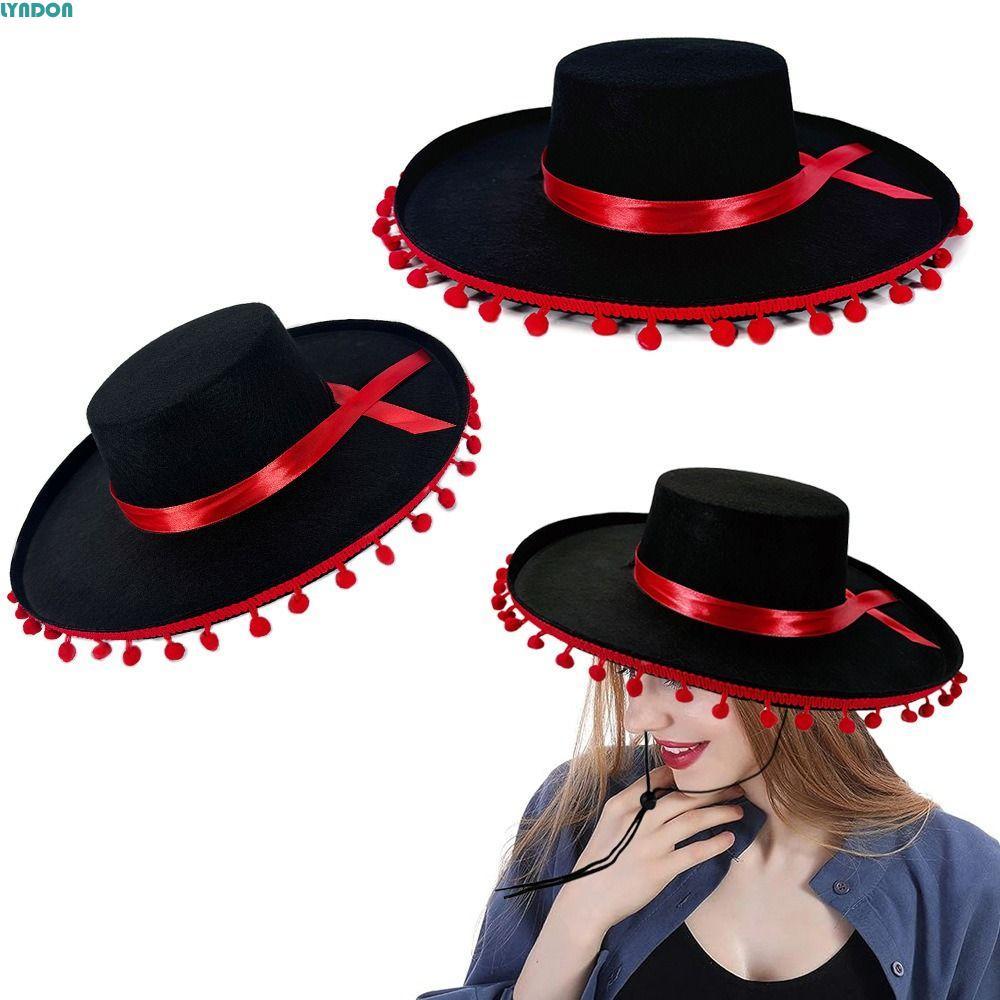 LYNDON Mexican Sombrero Hats, Fuzz Ball Wide Brim Mexican Hat Costumes ...
