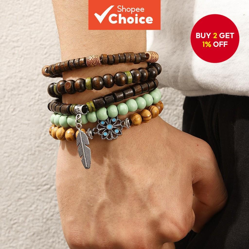 5-Piece Colorful Wood Bead Leaf Bracelet Set for Men Women Bohemian ...