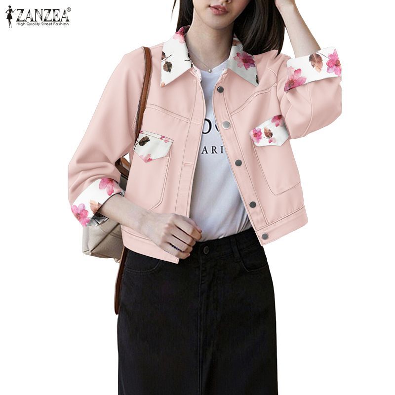 ZANZEA Women's Korean Casual Collared Long-Sleeve Color-Blocked Floral ...