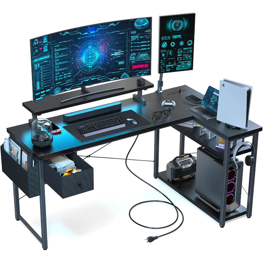 Shaped Gaming Desk, 55 Inch Computer Desk With Adjustable Stand & Rgb ...