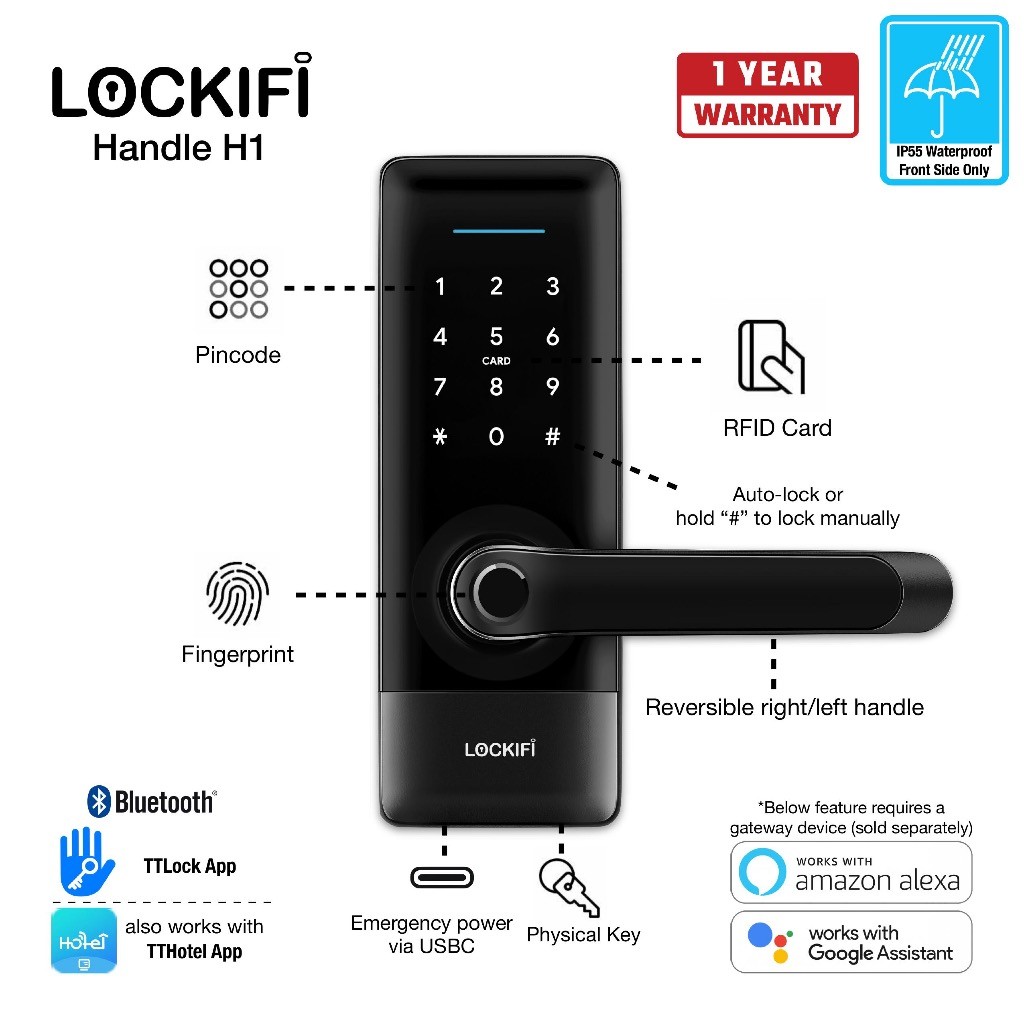 Lockifi Smart Lock Handle H1 Black - TTLock app, fingerprint, card ...