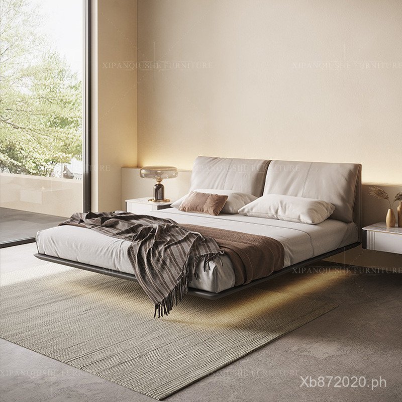 Wabi-Sabi Style Floating Bed Master Bedroom Genuine Leather Large Bed ...