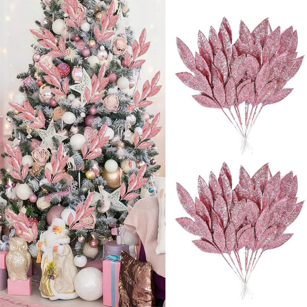 12 PCS Artificial Pink Glitter Leaf Spray Picks, Fake Floral Leaf ...