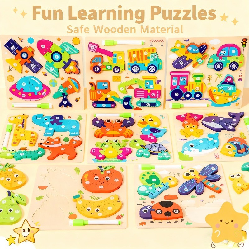 4 in 1 Wooden 3D Puzzle Kids Educational Toy Animal Traffic Shape ...