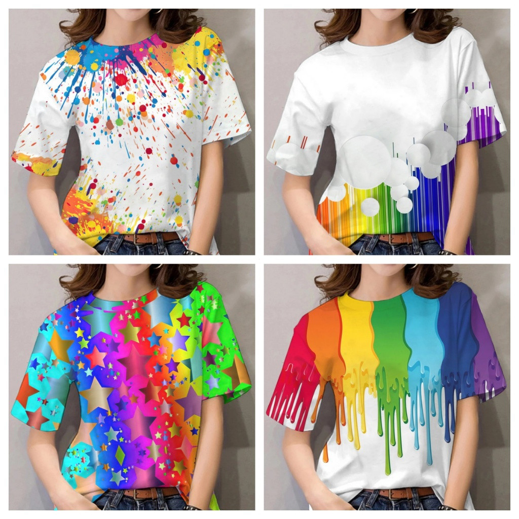 Rainbow Tie Dye Women's Short Sleeve Tee Casual Pride Month Top Fashion ...