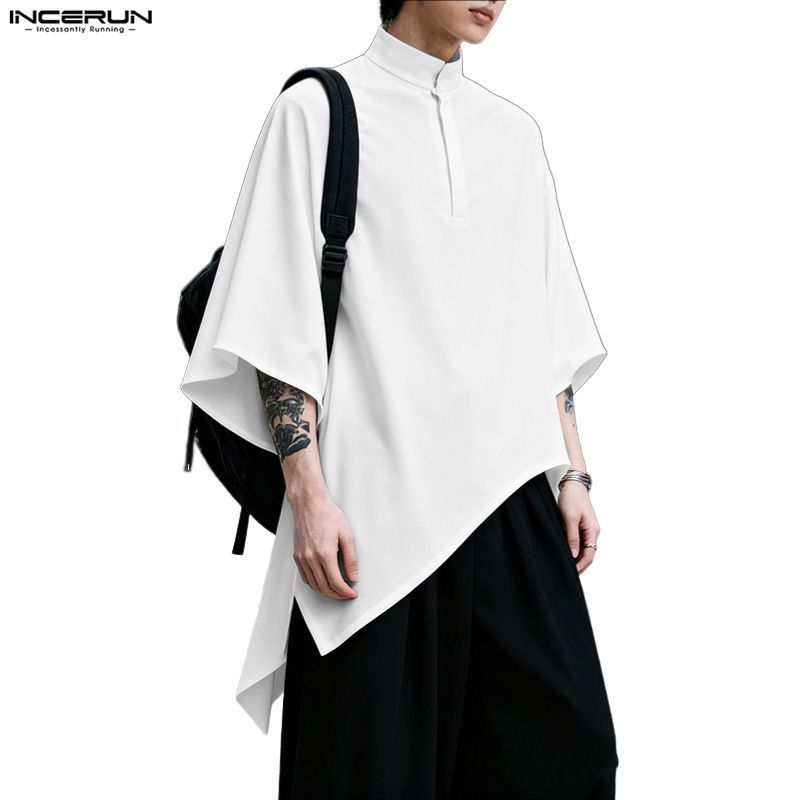 INCERUN Men Korean Simple Casual Stand Neck Half-Button 3/4 Sleeve ...