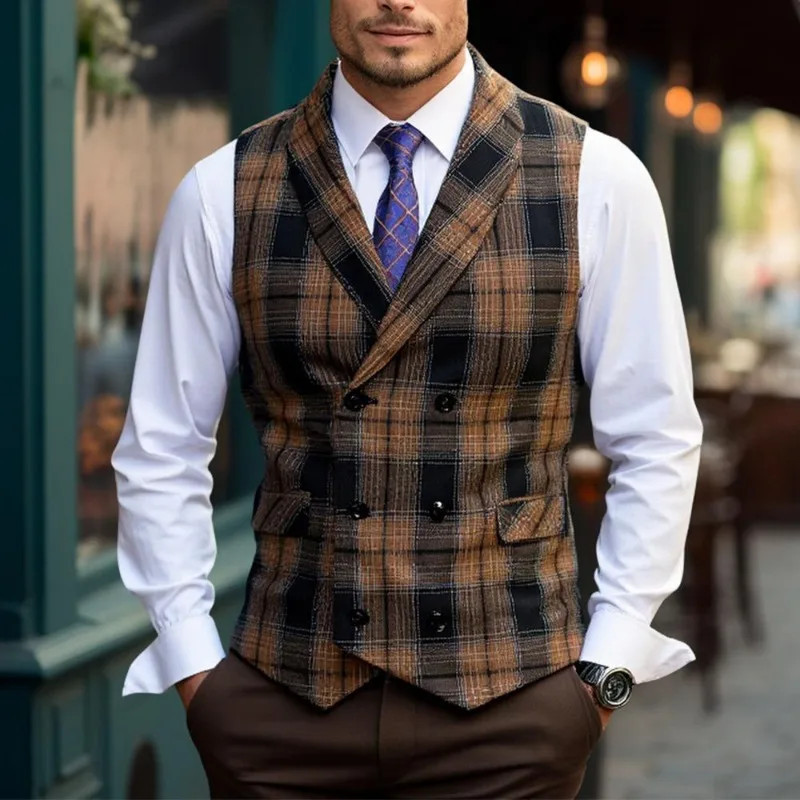 Casual Double Breasted Mens Plaid Classi Waistcoat Groomsmen Wedding ...