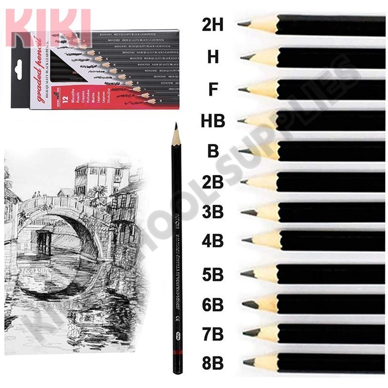KK 12 Pcs Wooden Lead Sketching Pencil Set 2H-8B Set Iron Box Painting ...