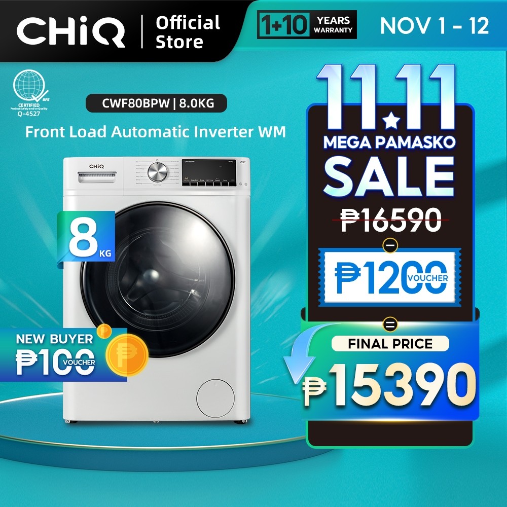 CHiQ 8kg Front Load Washing Machine CWF80BPW, Inverter washer with ...