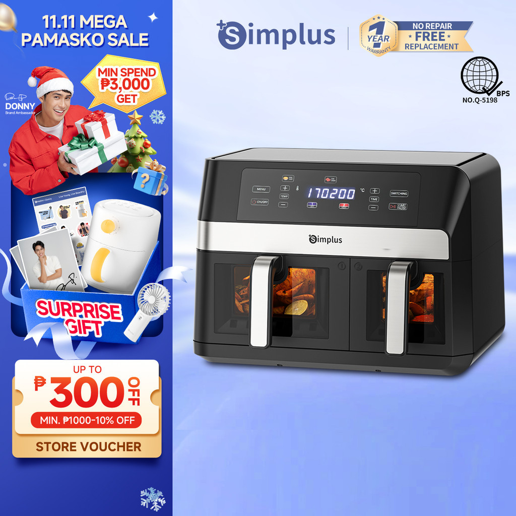 Simplus Air Fryer Dual Baskets 10L Ultra Large Capacity LCD Screen 11 Preset Programs Viewing ...