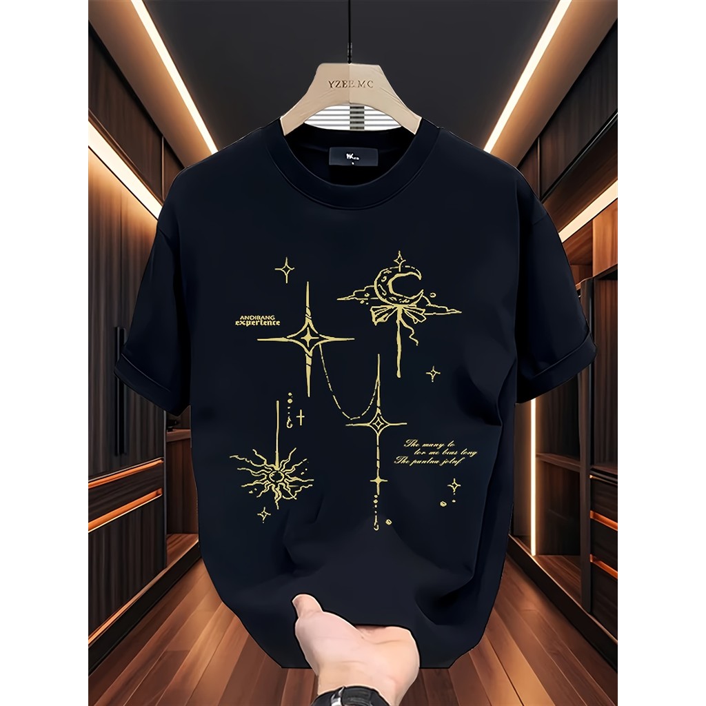 Men'S Heavyweight Cotton Graphic T-Shirt - Black with Golden Geometric ...