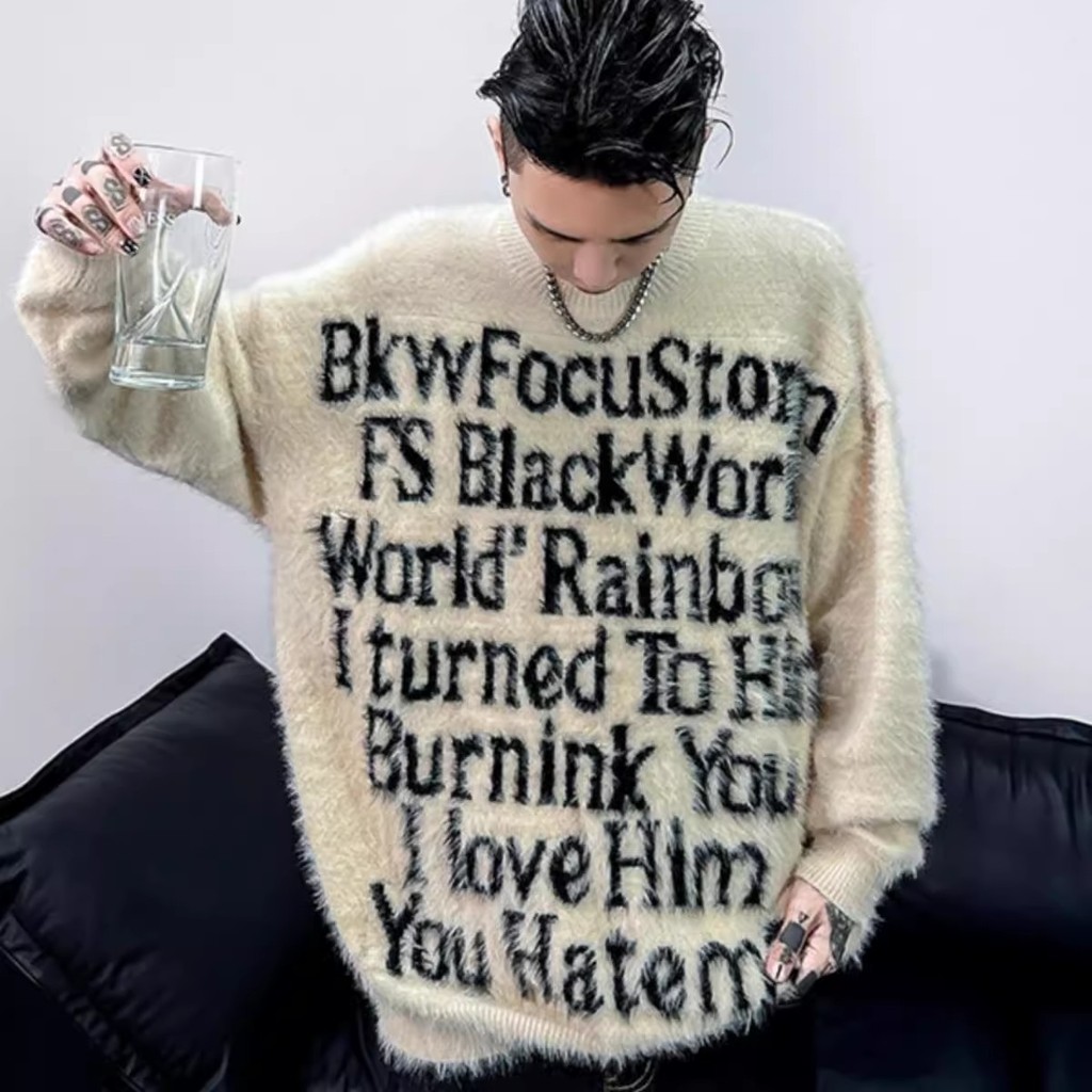 Letter Print Sweater Men's Retro Loose Sweater | Shopee Philippines